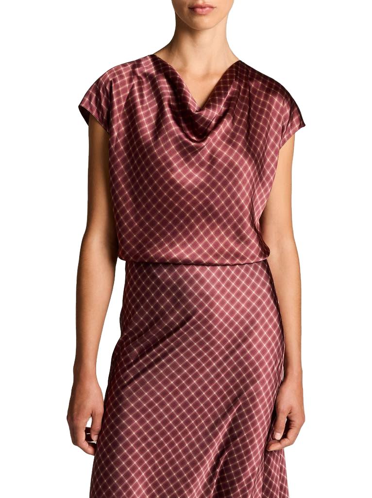 VINCE Vince Ombr Plaid Silk Cowl Neck Top